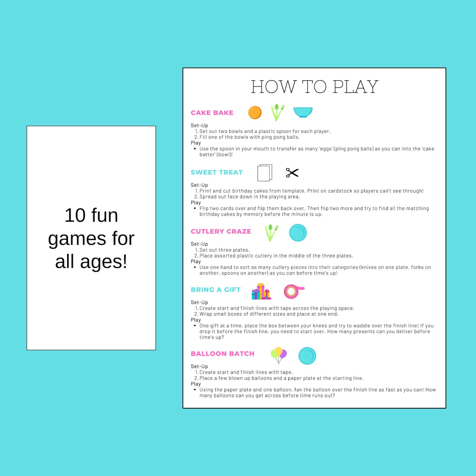 Birthday Minute to Win It Printable Game Ideas With Supply List and ...