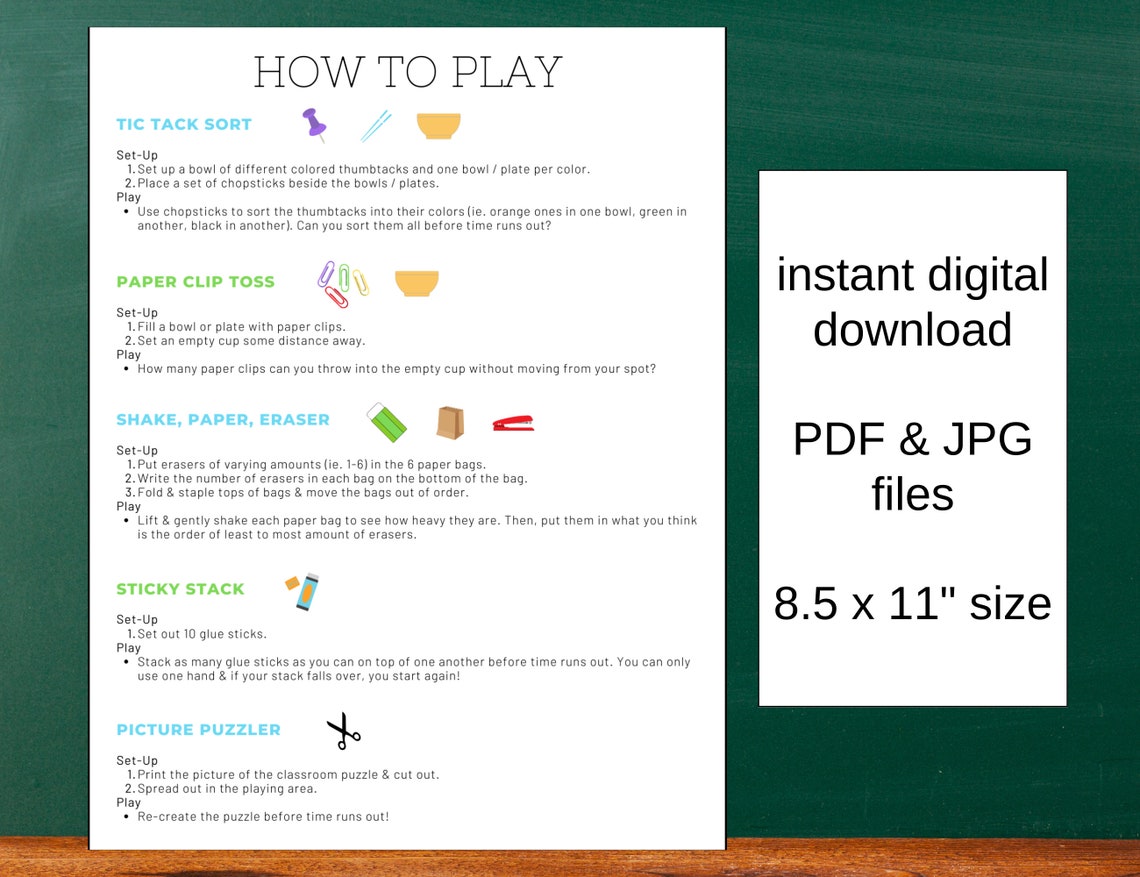 Classroom Minute to Win It Printable Game Ideas With Supply List and ...