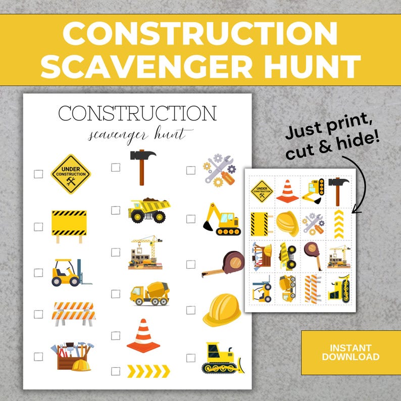 Construction Party Scavenger Hunt With Pictures, Themed Kids Birthday ...
