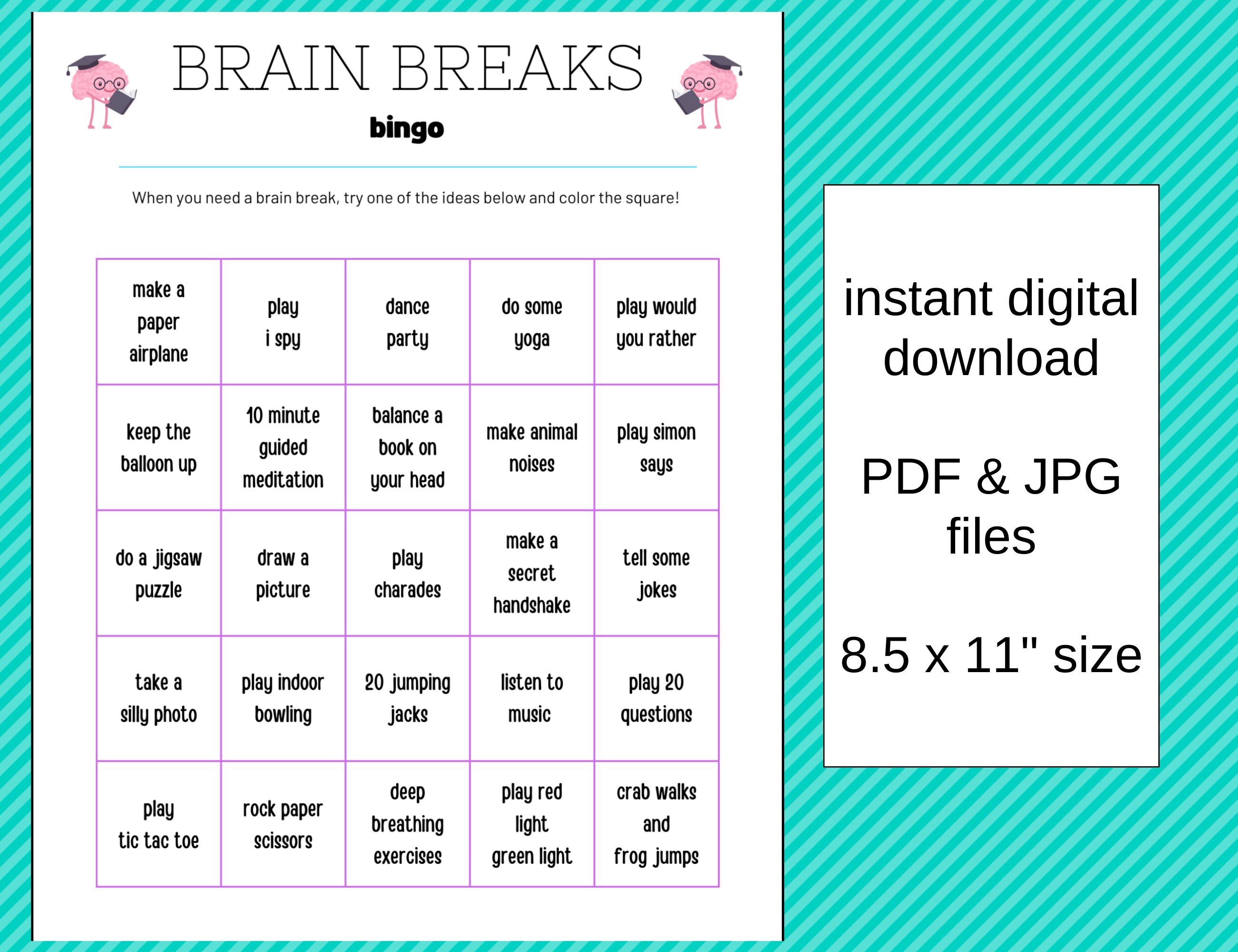 Brain Breaks Printable Game With Answer Key, Homeschool, Classroom - Etsy