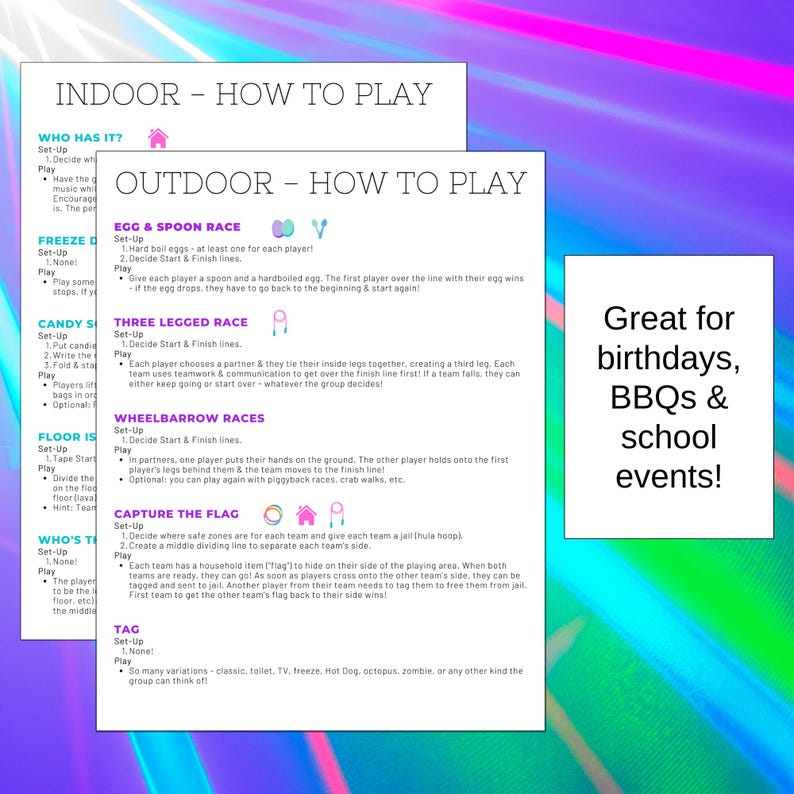 Kids Party, Birthday Printable Game Ideas With Supply List - Etsy