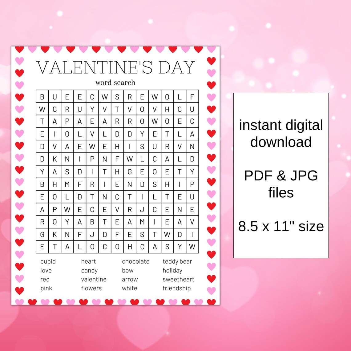 Valentine's Day Word Search Printable Game With Answer Key - Etsy