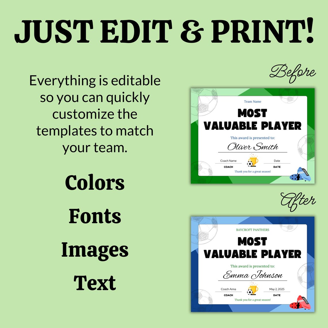 Editable Soccer Certificates, End of Year Awards, Team Party ...