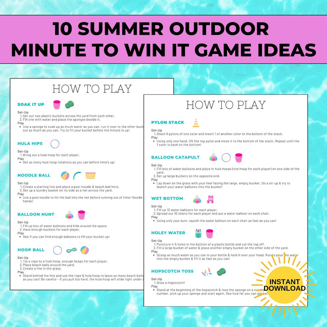 Outdoor Summer Minute to Win It Printable Game Ideas With Supply List ...