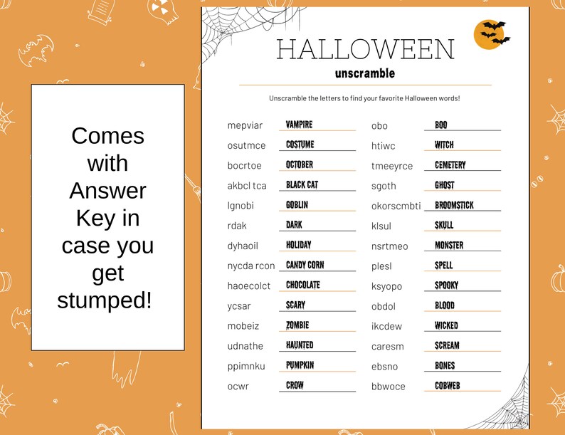 Halloween Word Scramble Printable Game With Answer Key - Etsy