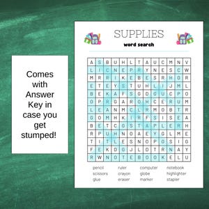 School Supplies Word Search Printable Game With Answer Key, Homeschool ...
