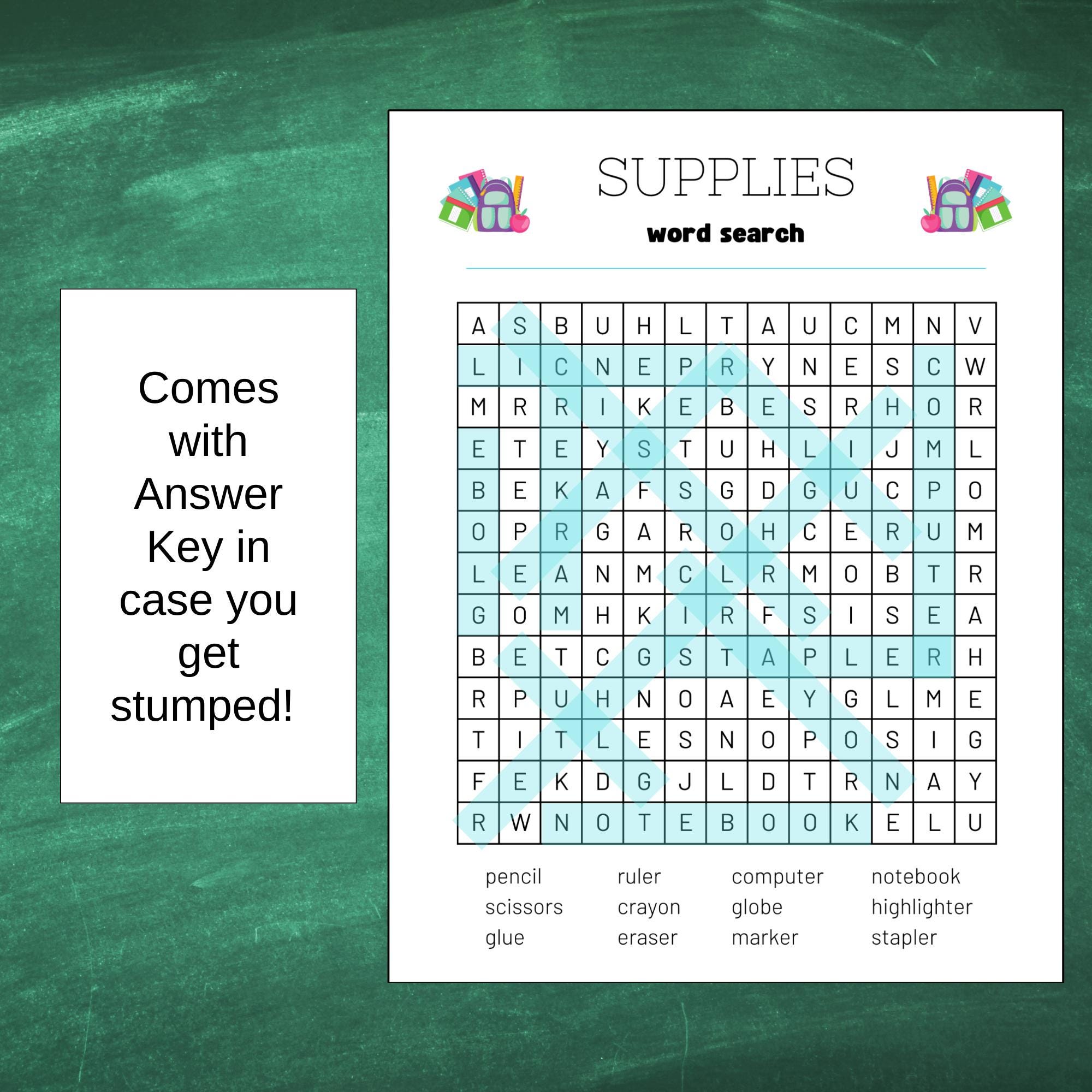School Supplies Word Search Printable Game With Answer Key, Homeschool ...