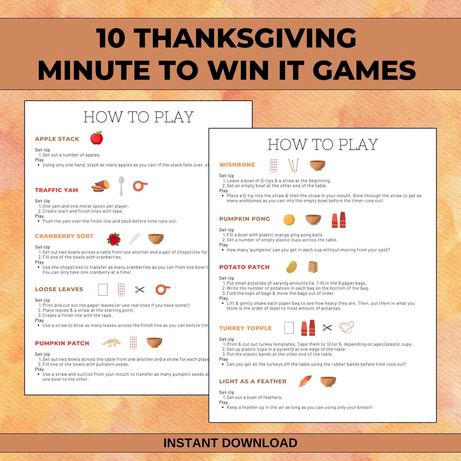 Thanksgiving Minute to Win It Printable Game Ideas With Supply List and ...