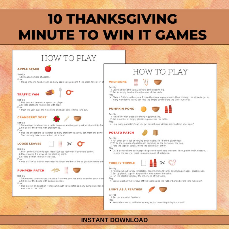 Thanksgiving Minute to Win It Printable Game Ideas With Supply List and ...