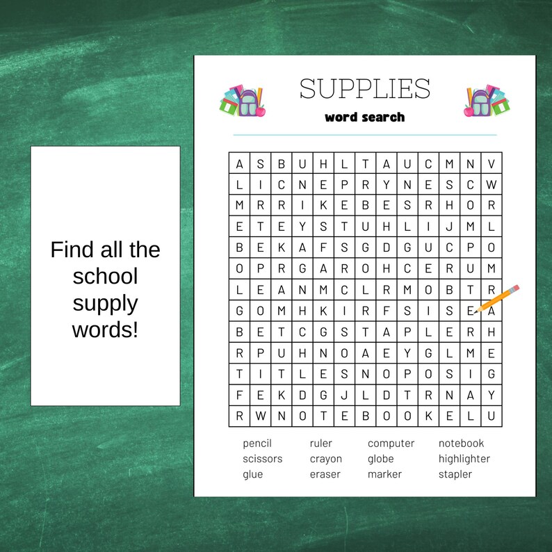 School Supplies Word Search Printable Game With Answer Key, Homeschool ...