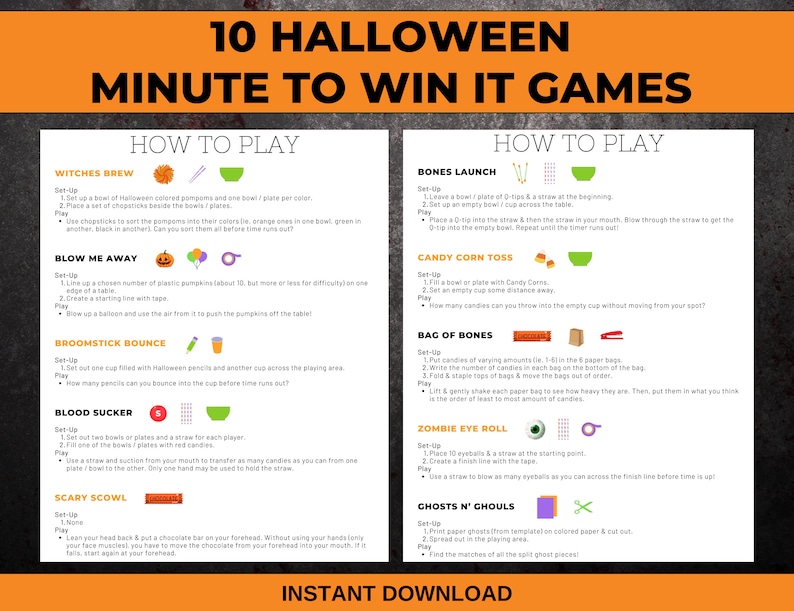 Halloween Minute to Win It Printable Game Ideas With Supply List and ...