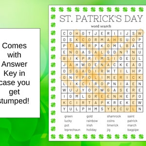 St Patrick's Day Word Search Printable Game With Answer Key - Etsy