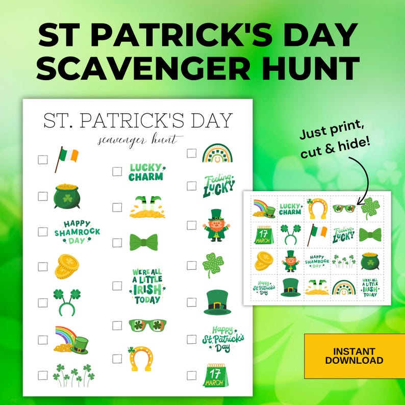 St. Patrick's Day Scavenger Hunt With Pictures, Classroom, Indoor Party ...