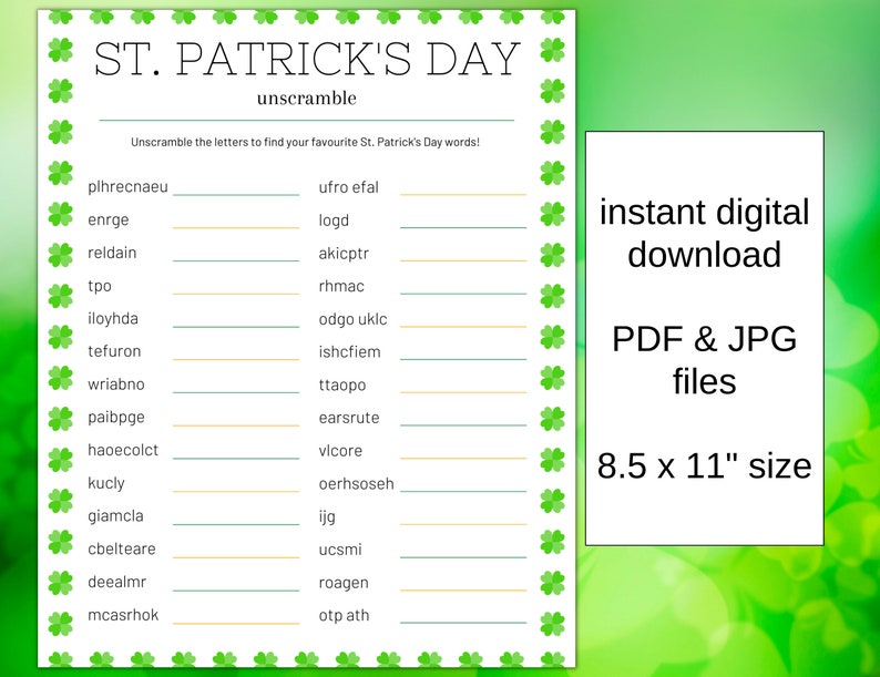 St Patrick's Day Word Scramble Game Printable With Answer Key - Etsy