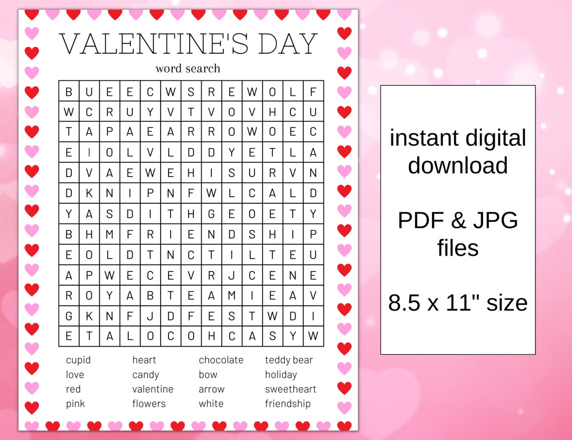 Valentine's Day Word Search Printable Game With Answer Key - Etsy