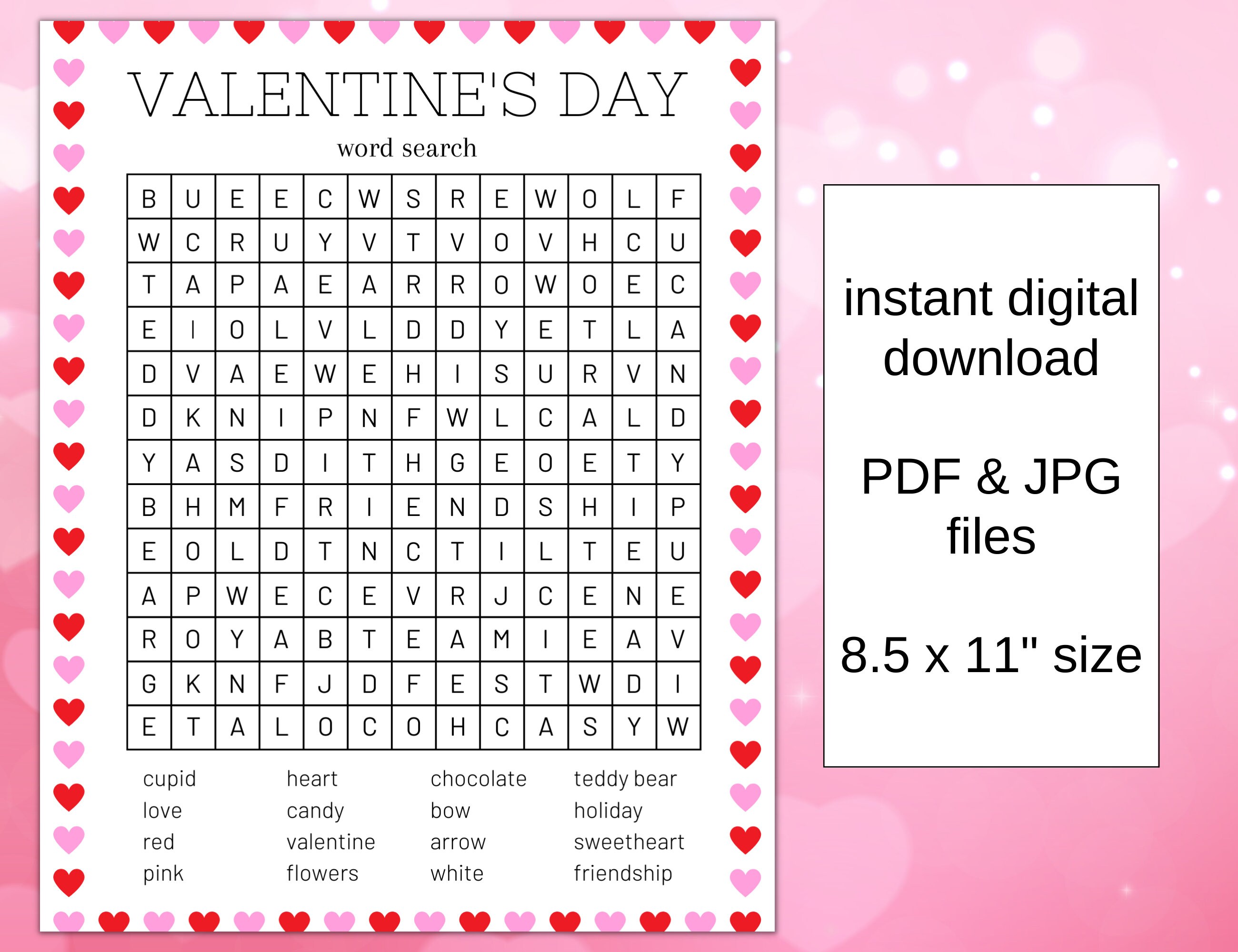 Valentine's Day Word Search Printable Game With Answer Key - Etsy