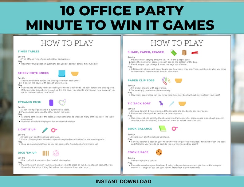 Office Party Minute to Win It Printable Game Ideas With Supply List and ...