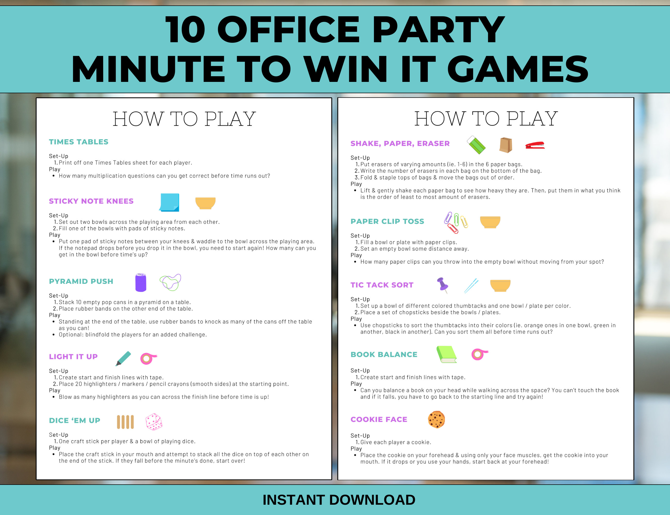 Office Party Minute to Win It Printable Game Ideas With Supply List and ...