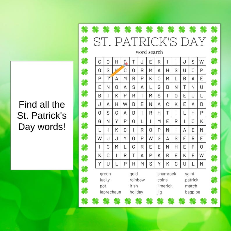 St Patrick's Day Word Search Printable Game With Answer Key - Etsy