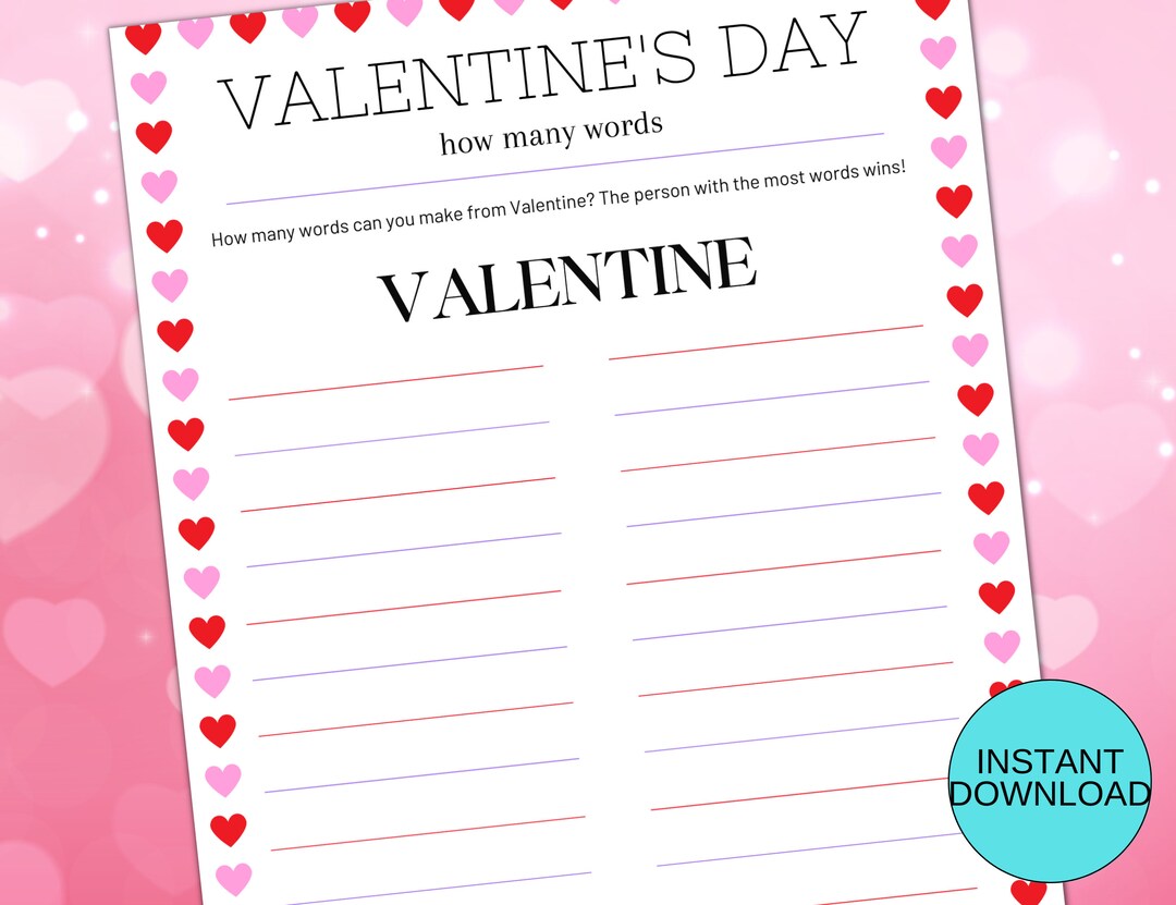 Valentine's Day How Many Words Printable Game - Etsy
