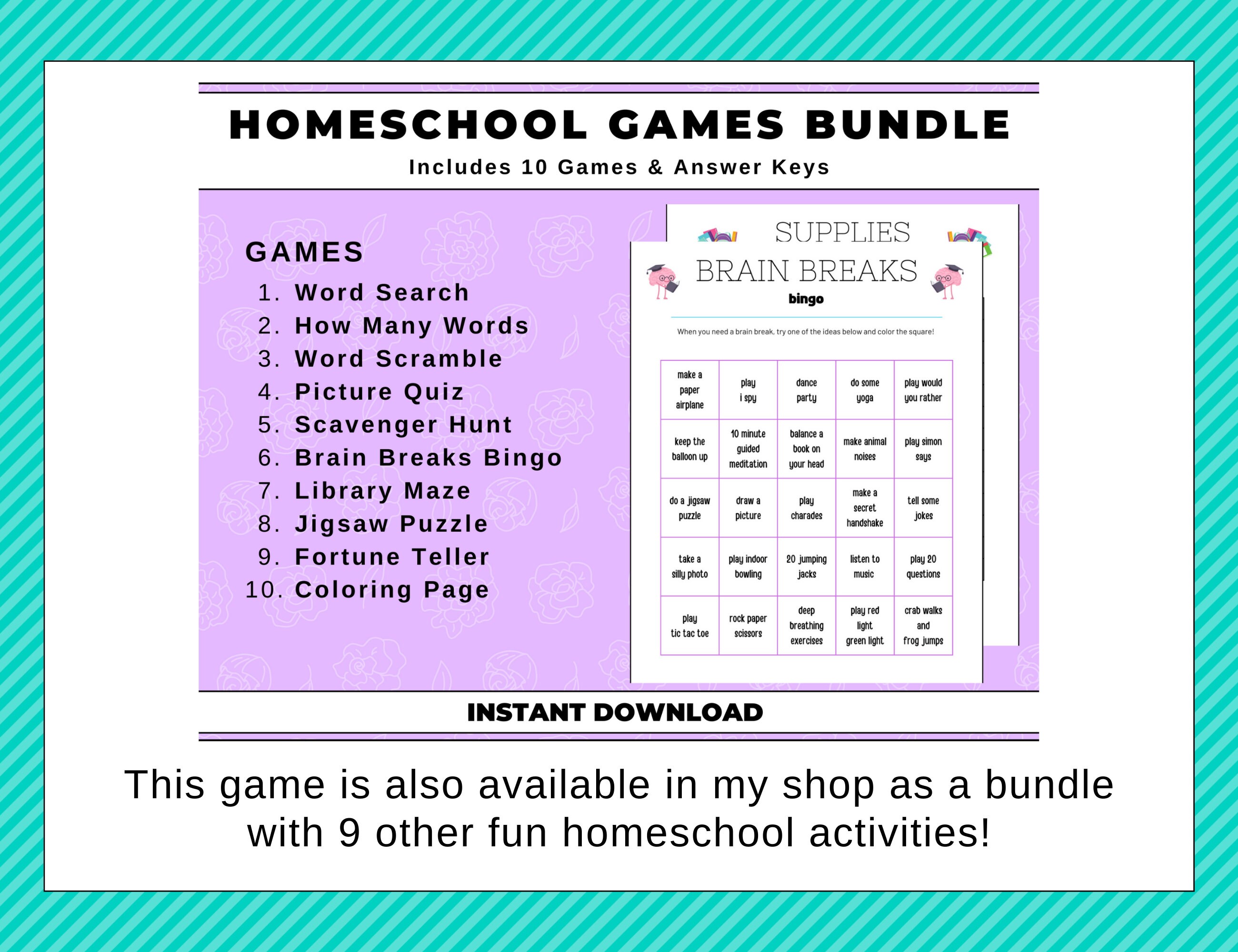 Brain Breaks Printable Game With Answer Key, Homeschool, Classroom - Etsy