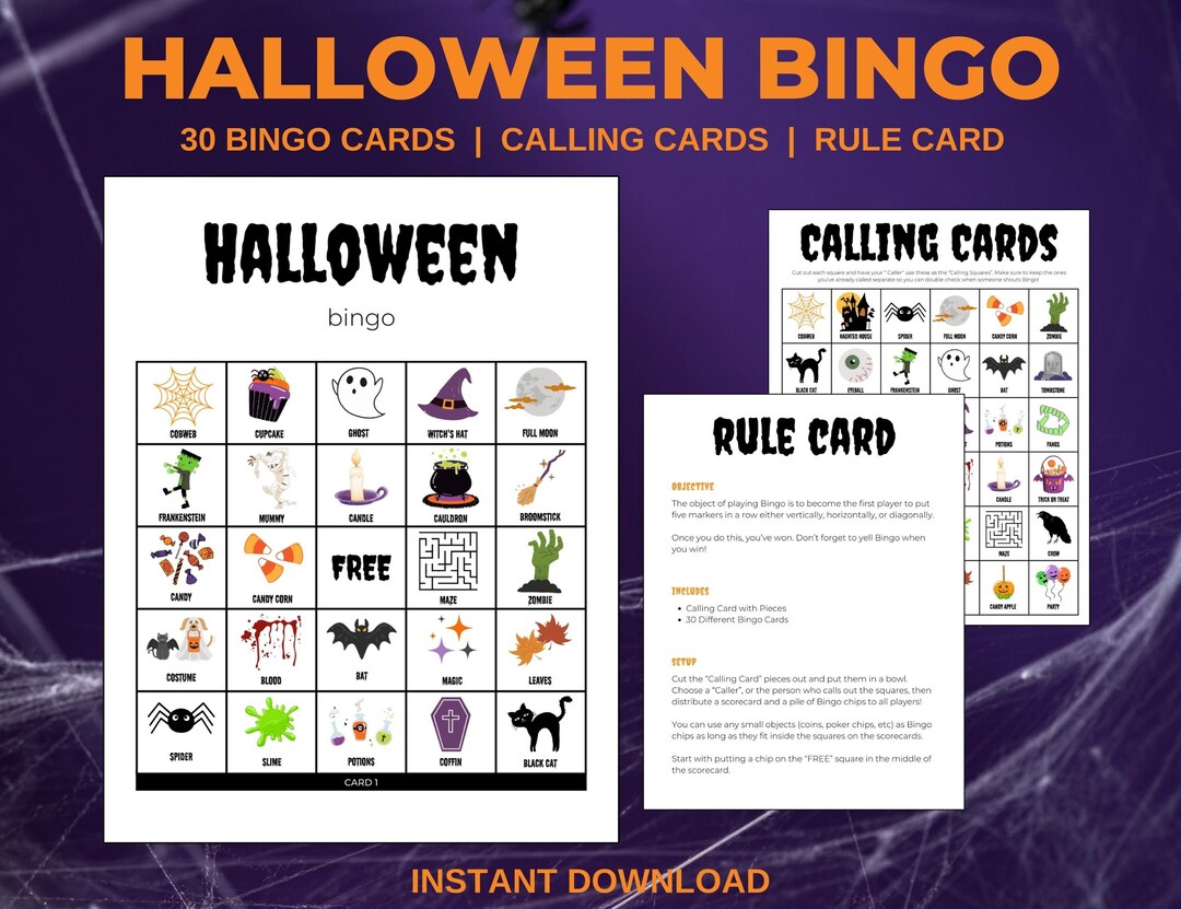 Halloween Bingo Game Cards Printable With 30 Bingo Boards, Calling ...