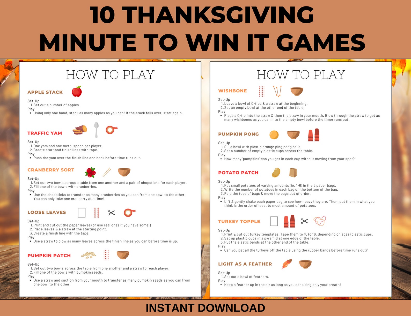 Thanksgiving Minute to Win It Printable Game Ideas With Supply List and ...