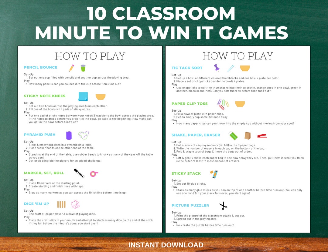 Classroom Minute to Win It Printable Game Ideas With Supply List and ...