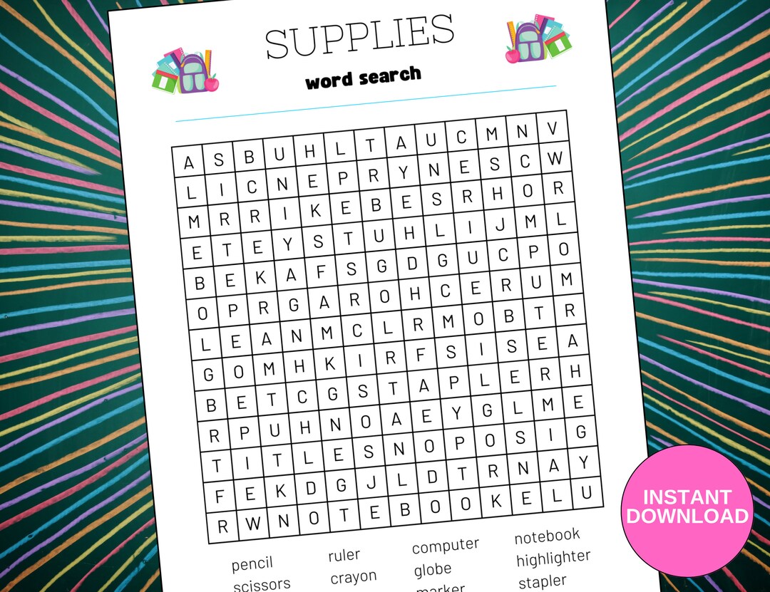 School Supplies Word Search Printable Game With Answer Key, Homeschool ...