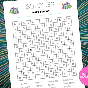 School Supplies Word Search Printable Game With Answer Key, Homeschool ...