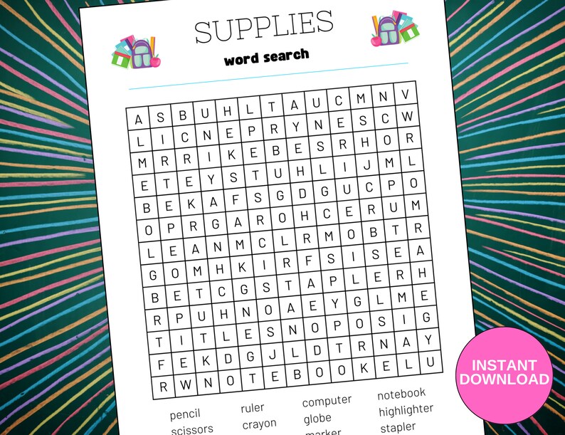 School Supplies Word Search Printable Game With Answer Key, Homeschool ...