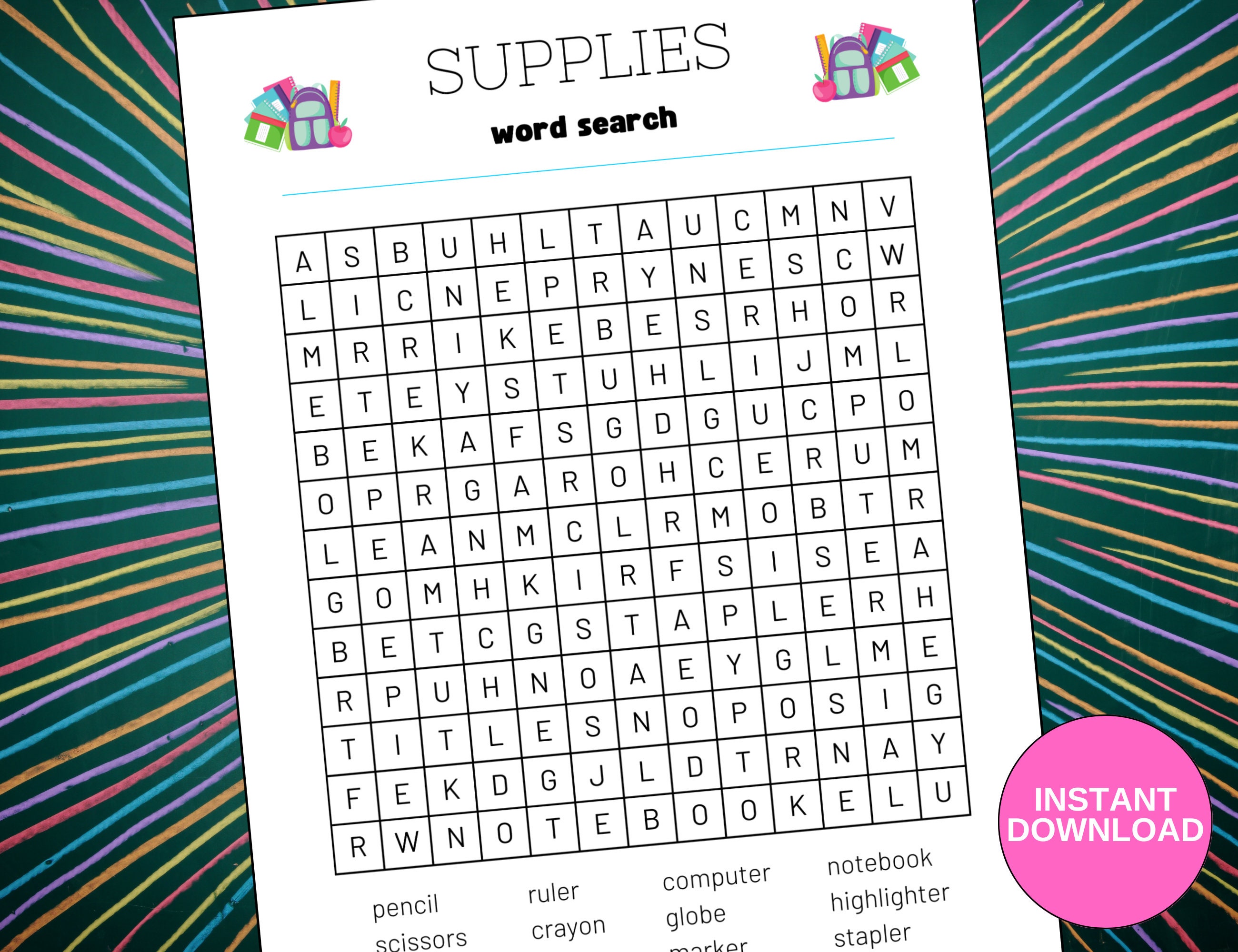 School Supplies Word Search Printable Game With Answer Key - Etsy