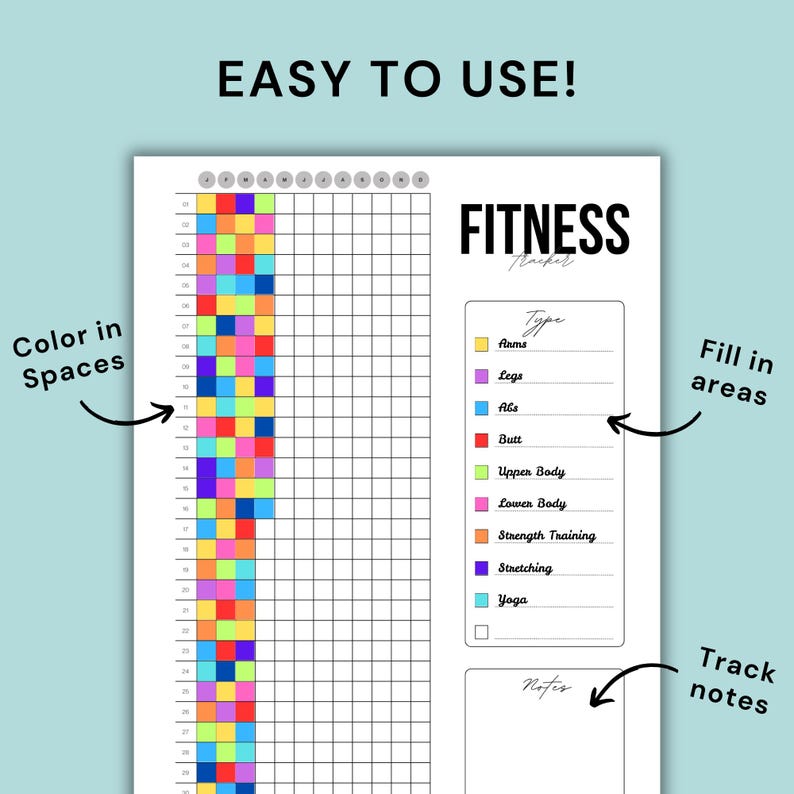 Fitness Journal Tracker, Workout Log, Year in Pixels, Printable Journal ...