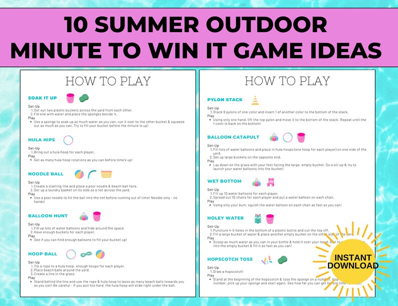 Outdoor Summer Minute to Win It Printable Game Ideas With Supply List ...
