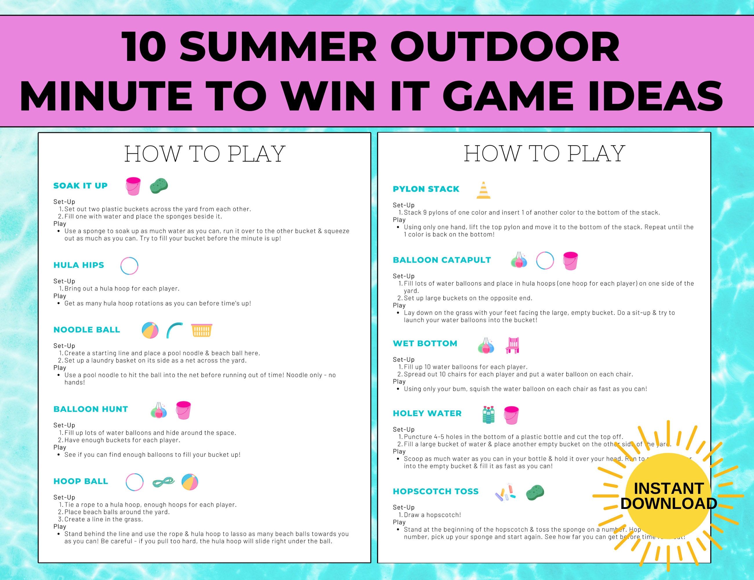 Outdoor Summer Minute to Win It Printable Game Ideas With Supply List ...