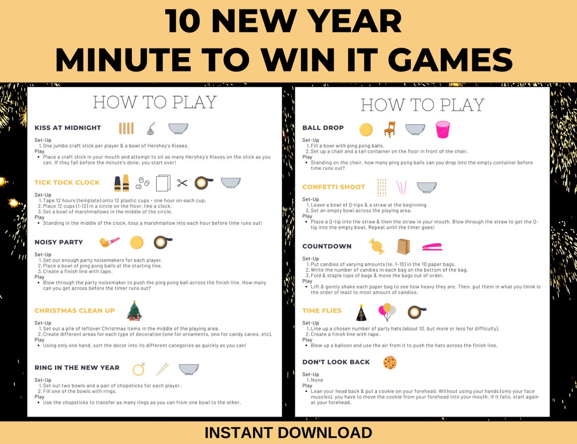 New Years Eve Minute to Win It Printable Game Ideas With Supply List ...