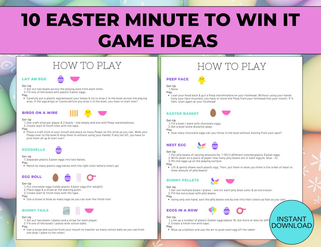 Easter Minute to Win It Printable Game Ideas With Supply List and Score ...