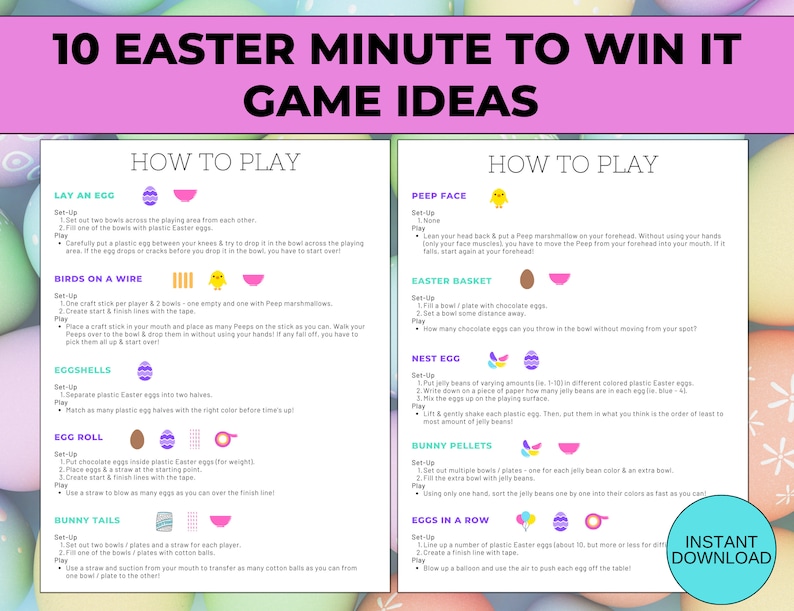 Easter Minute to Win It Printable Game Ideas With Supply List and Score ...