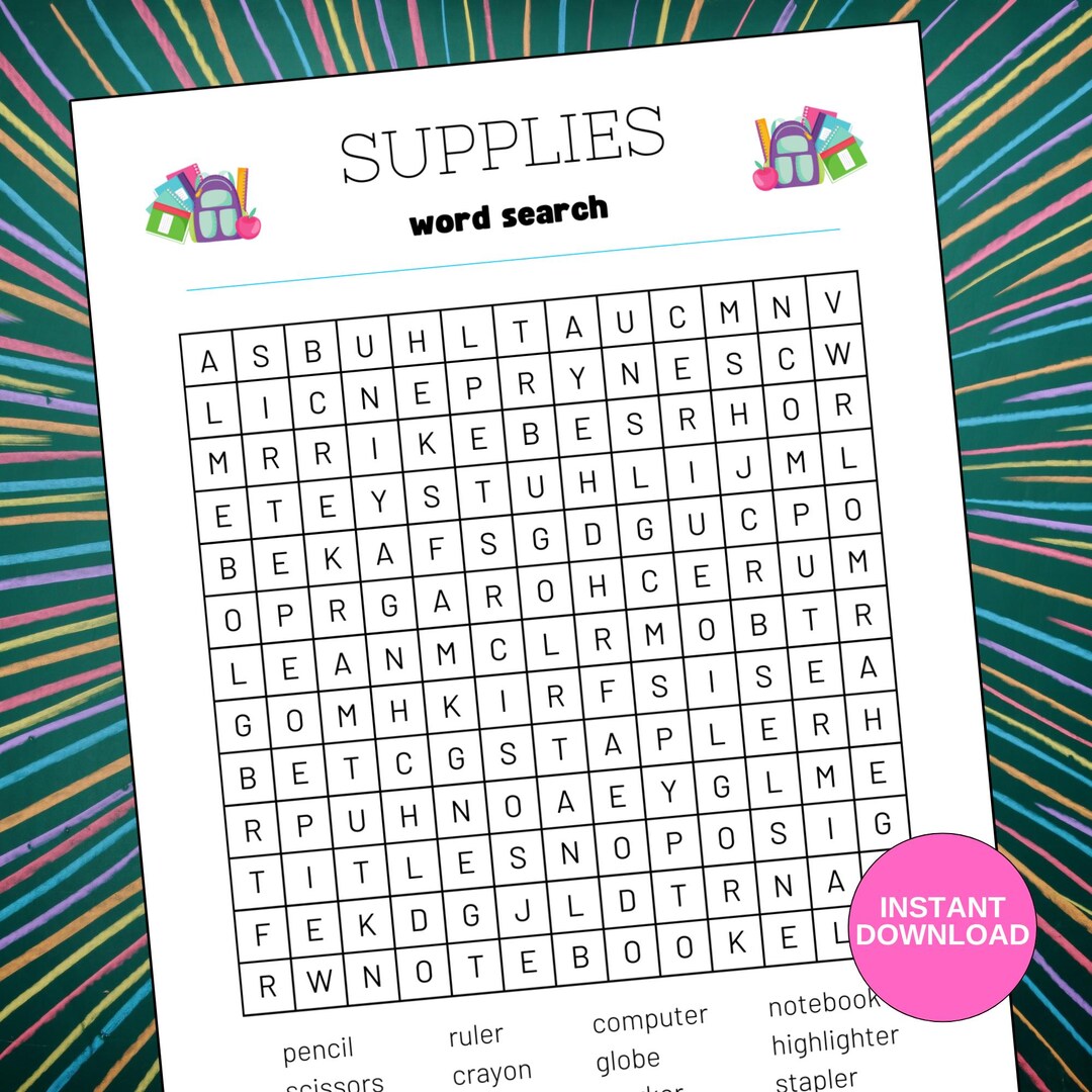 School Supplies Word Search Printable Game With Answer Key, Homeschool ...