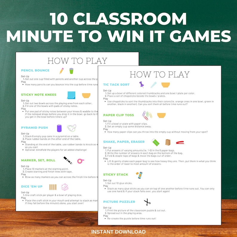 Classroom Minute to Win It Printable Game Ideas With Supply List and ...