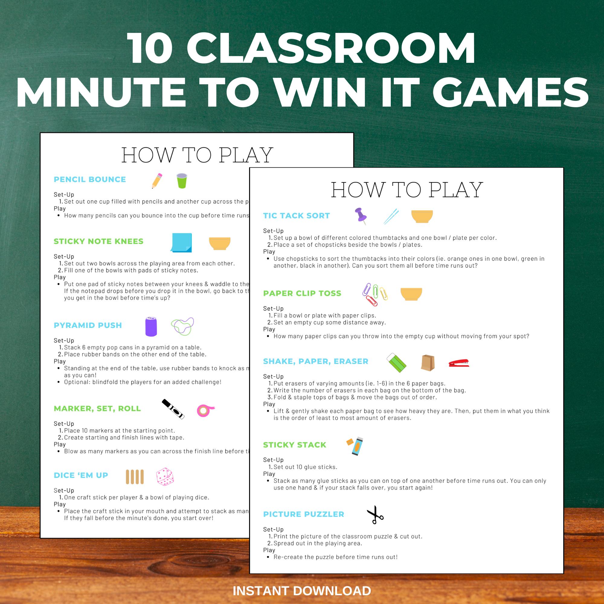 Classroom Minute to Win It Printable Game Ideas With Supply List and ...