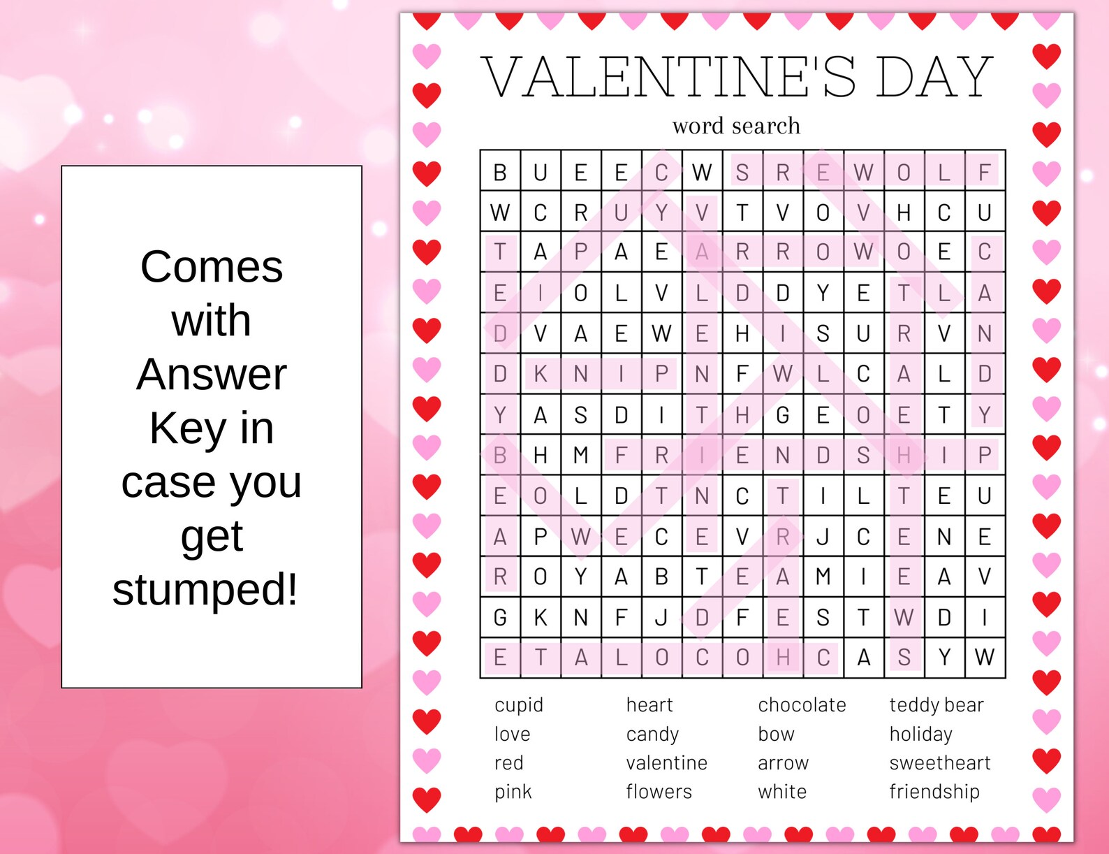 Valentine's Day Word Search Printable Game With Answer Key - Etsy