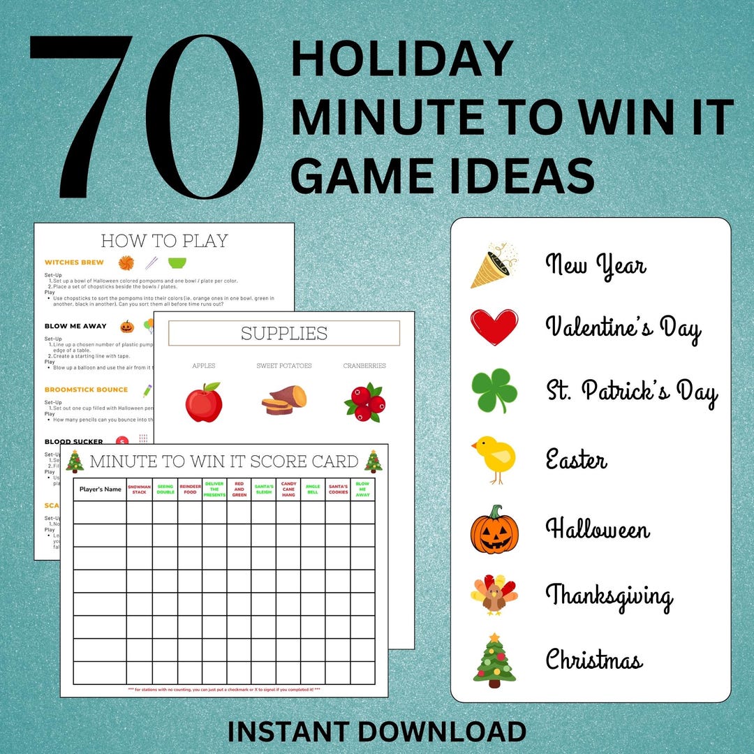 Holiday Minute to Win It Bundle Printable Game Ideas With Supply Lists ...
