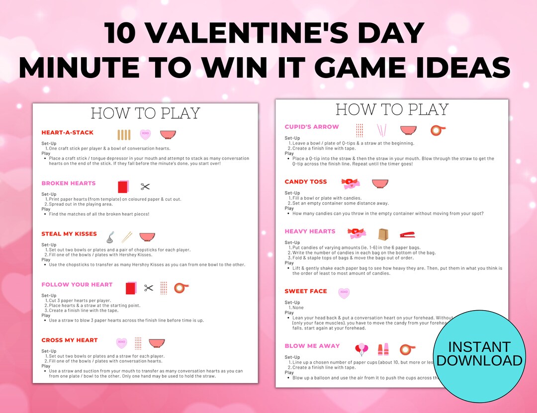 Valentine's Day Minute to Win It Printable Game Ideas With Supply List ...