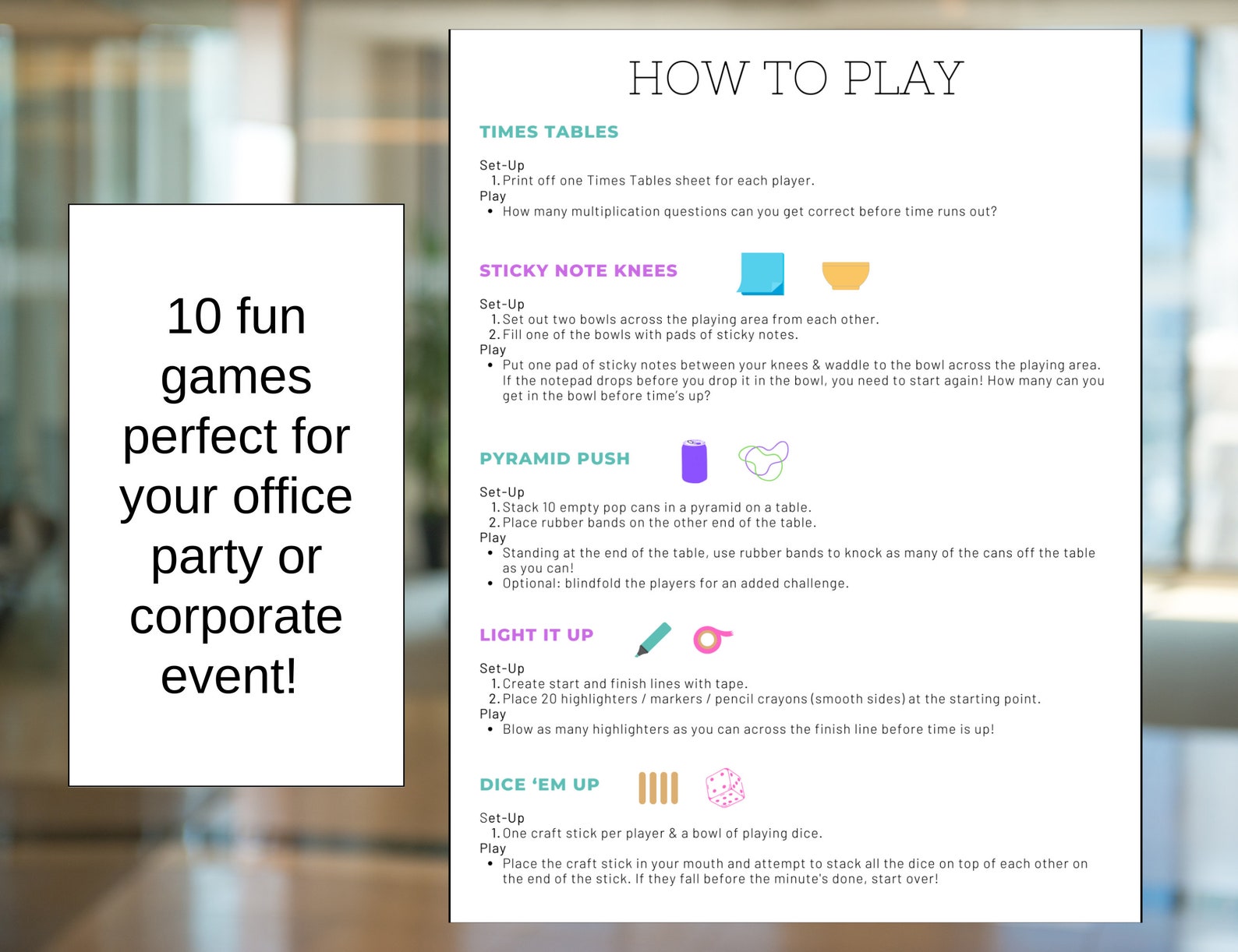 Office Party Minute to Win It Printable Game Ideas With Supply List and ...