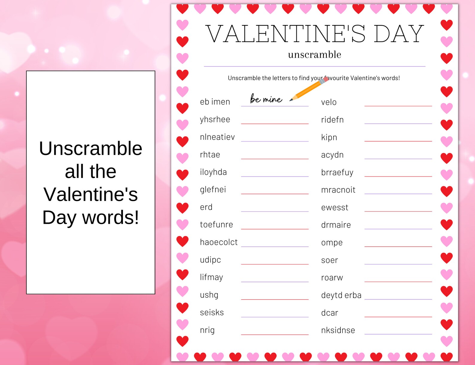 Valentine's Day Word Scramble Printable Game With Answer Key - Etsy Canada