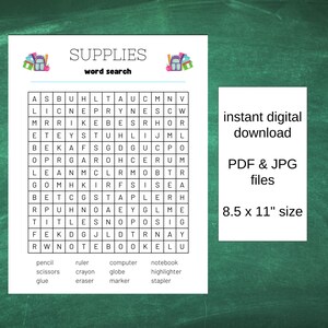 School Supplies Word Search Printable Game With Answer Key, Homeschool ...