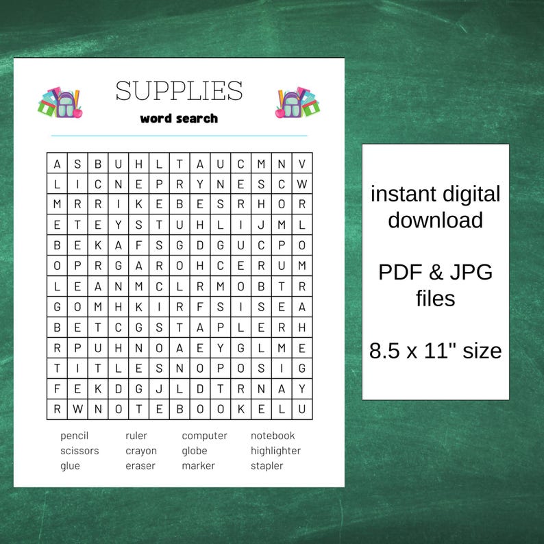 School Supplies Word Search Printable Game With Answer Key, Homeschool ...