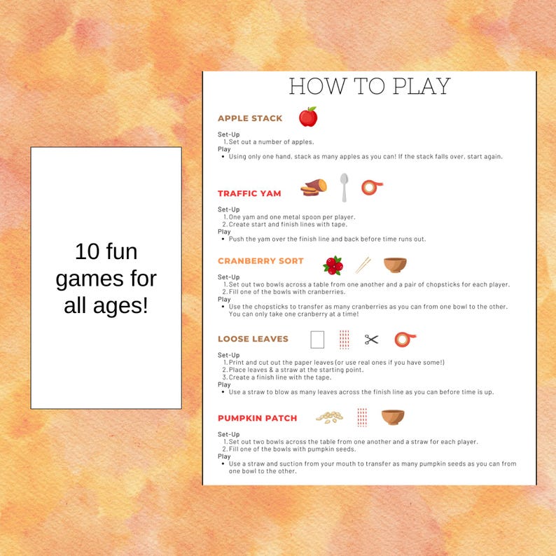 Thanksgiving Minute to Win It Printable Game Ideas With Supply List and ...