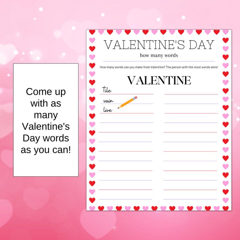 Valentine's Day How Many Words Printable Game - Etsy